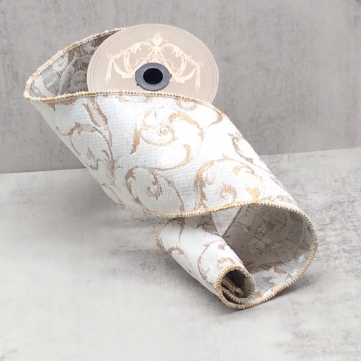 Ivory and Gold Jacquard French Scroll Ribbon - 4" wide - My Christmas